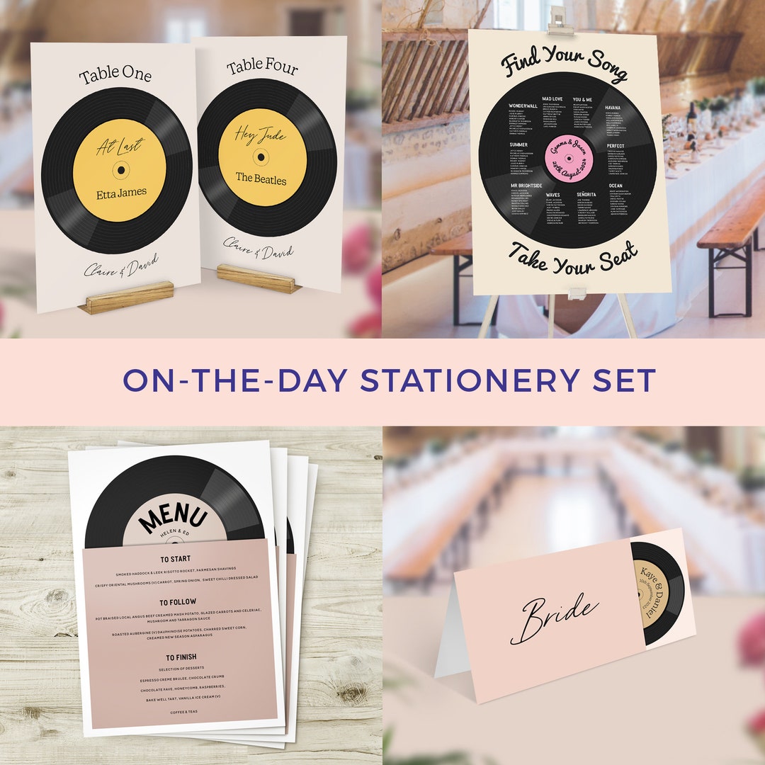 Music Theme on the Day Wedding Stationery Set: Record Table Name Cards ...