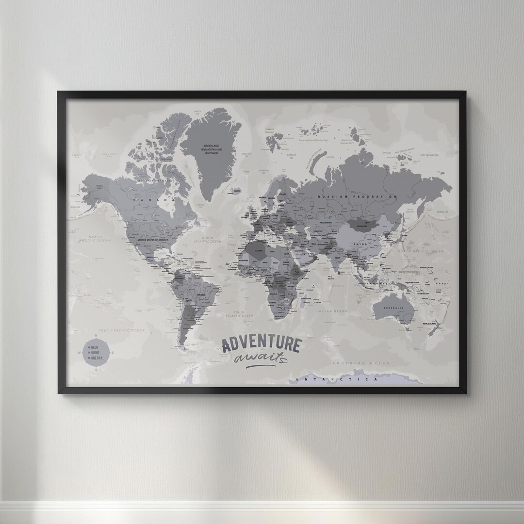 Push Pin World Map Framed Canvas, Adventure Awaits, Detailed World Pin ...