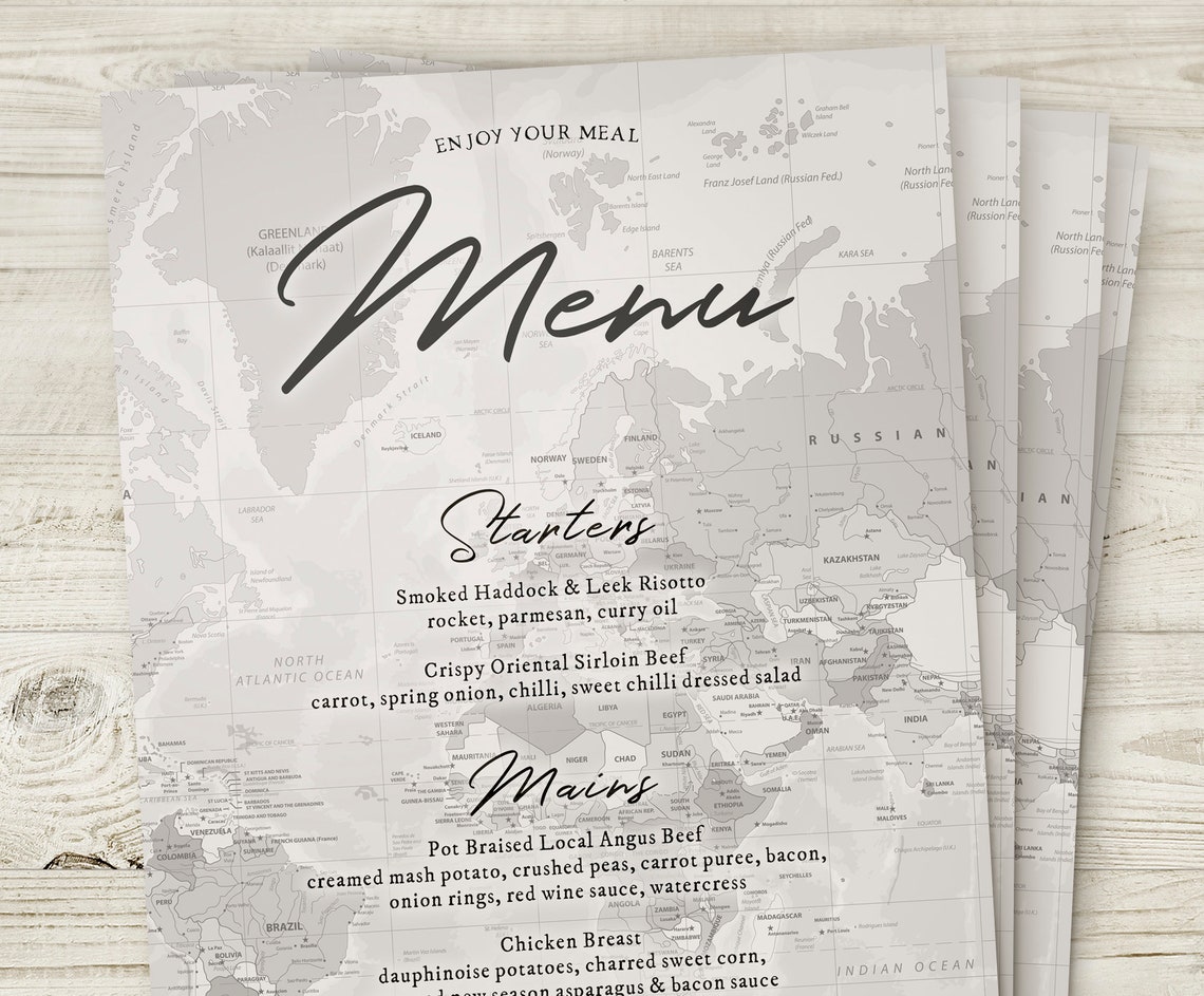 Grey Wedding Menus Map Menu, Travel Theme Menu, World Map Menu, Wedding ...