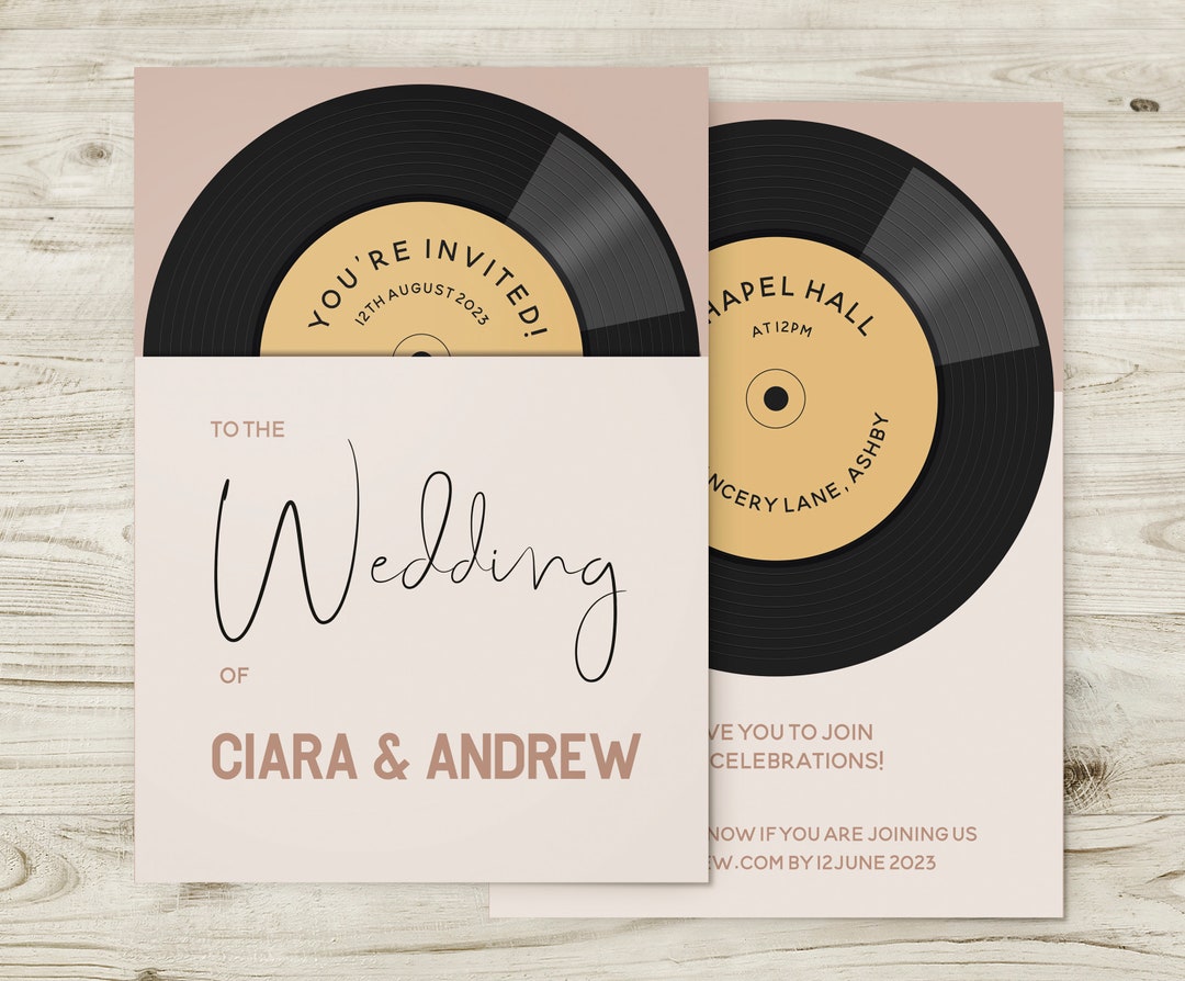 Music Theme Wedding Invitations, Rock Wedding, Record Invites, Retro ...