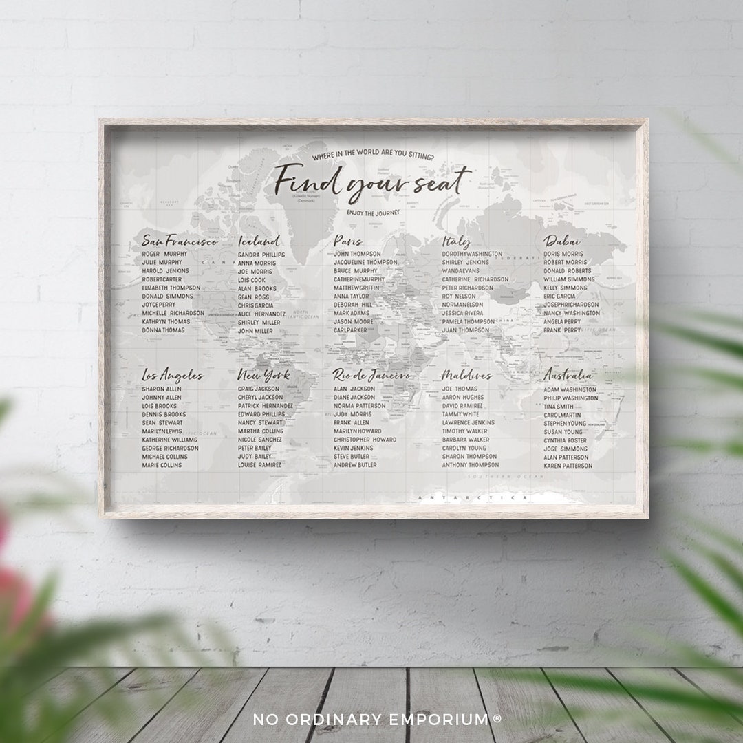 World Map Table Plan, Travel Theme Wedding, Country Names, City Names ...