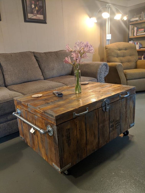 Industrial Coffee Table With Casters. Galvanized Steel Pipe. Distressed Wood. Galvanized Handles Latches. Interior Storage W Black Inside Etsy