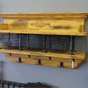Farm House Style, Wooden Wall Organizer- With Rustic Metal Baskets ...