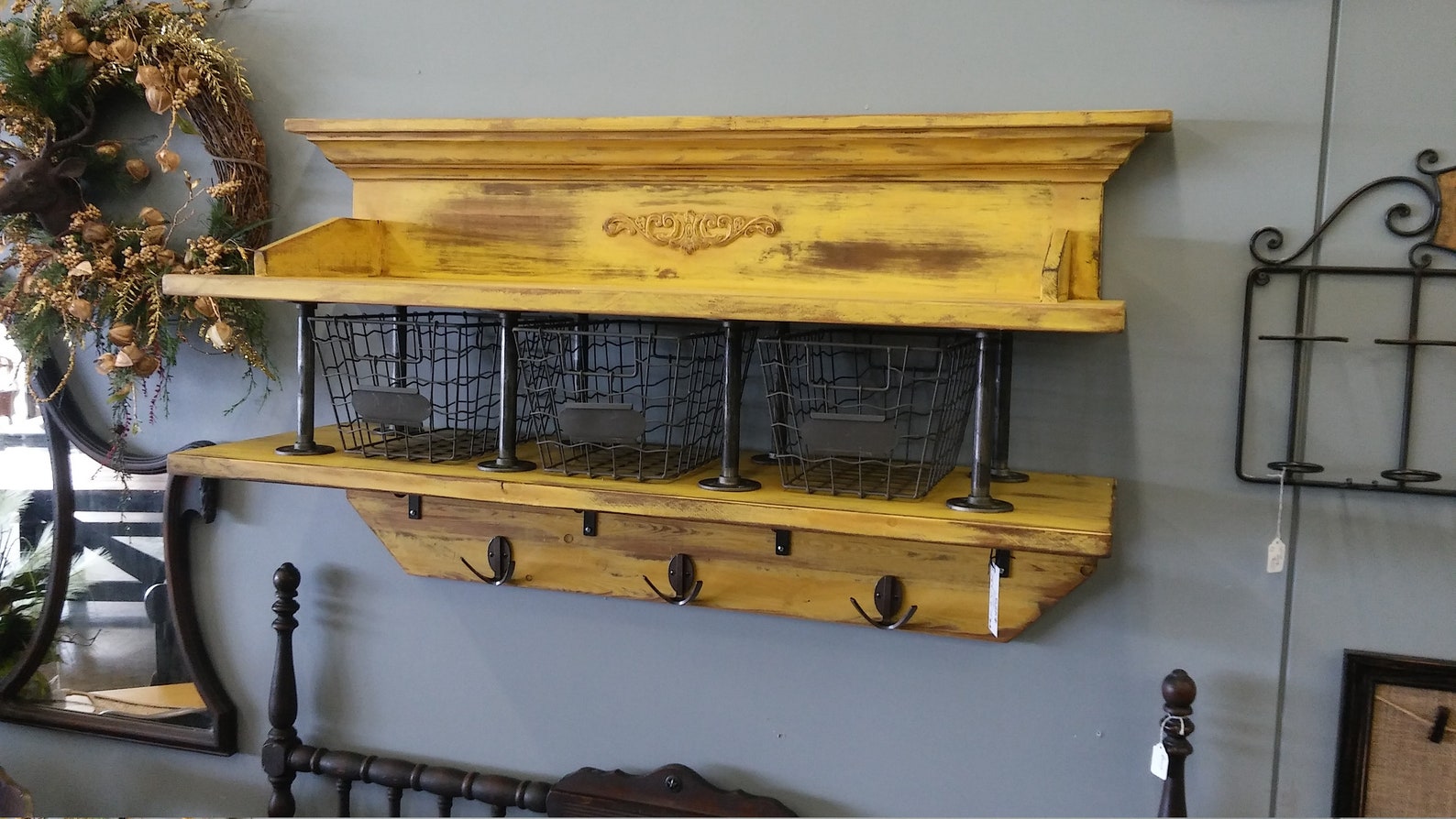 Farm House Style, Wooden Wall Organizer With Rustic Metal Baskets ...