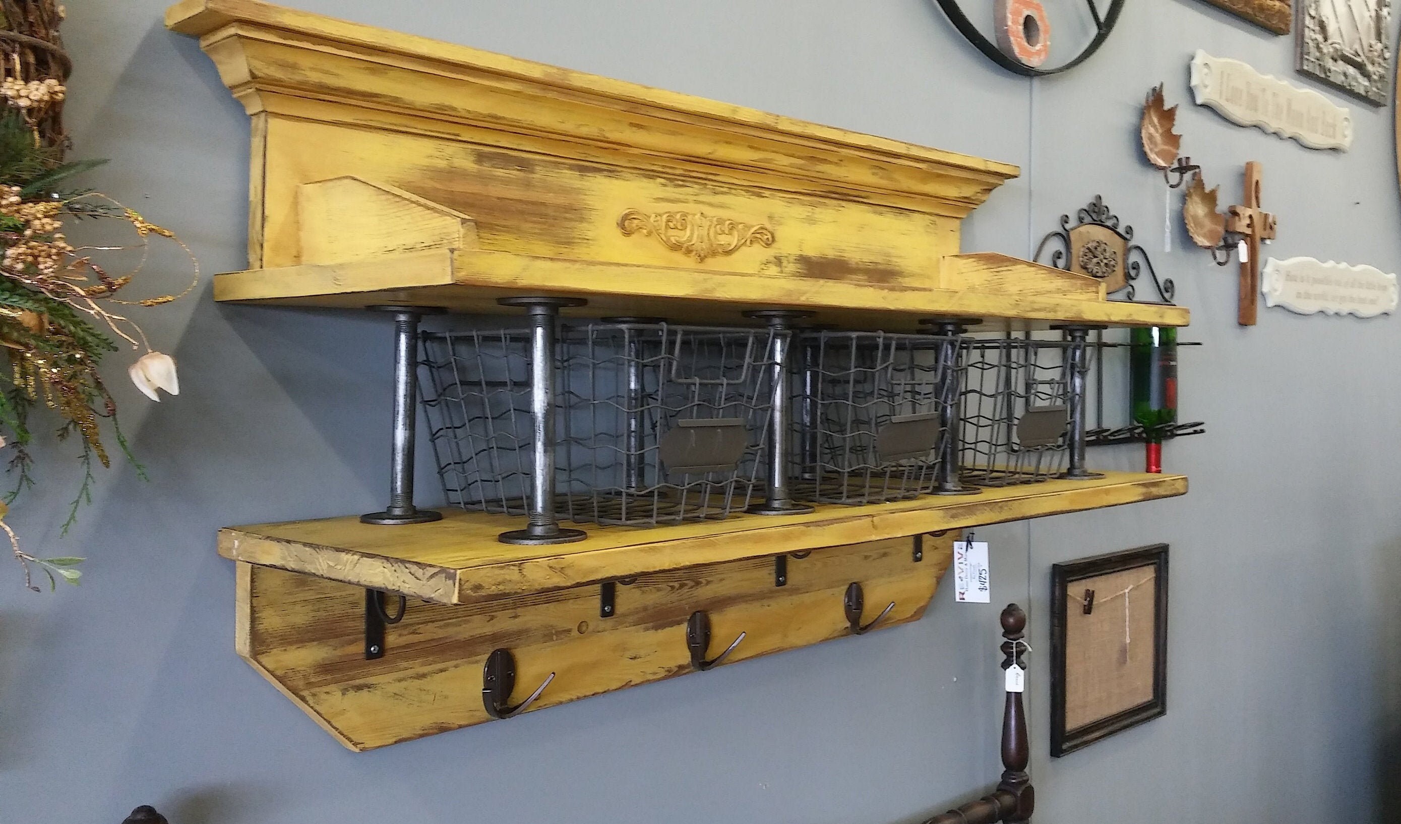Farm House Style, Wooden Wall Organizer With Rustic Metal Baskets ...
