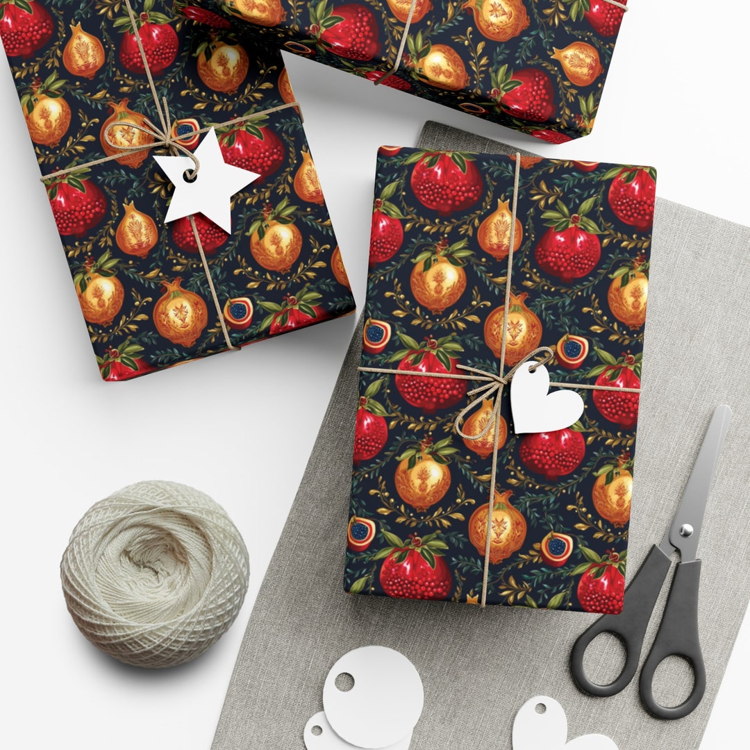 Regal Pomegranate Themed Christmas Gift Wrap Sheets Holiday Wrapping ...