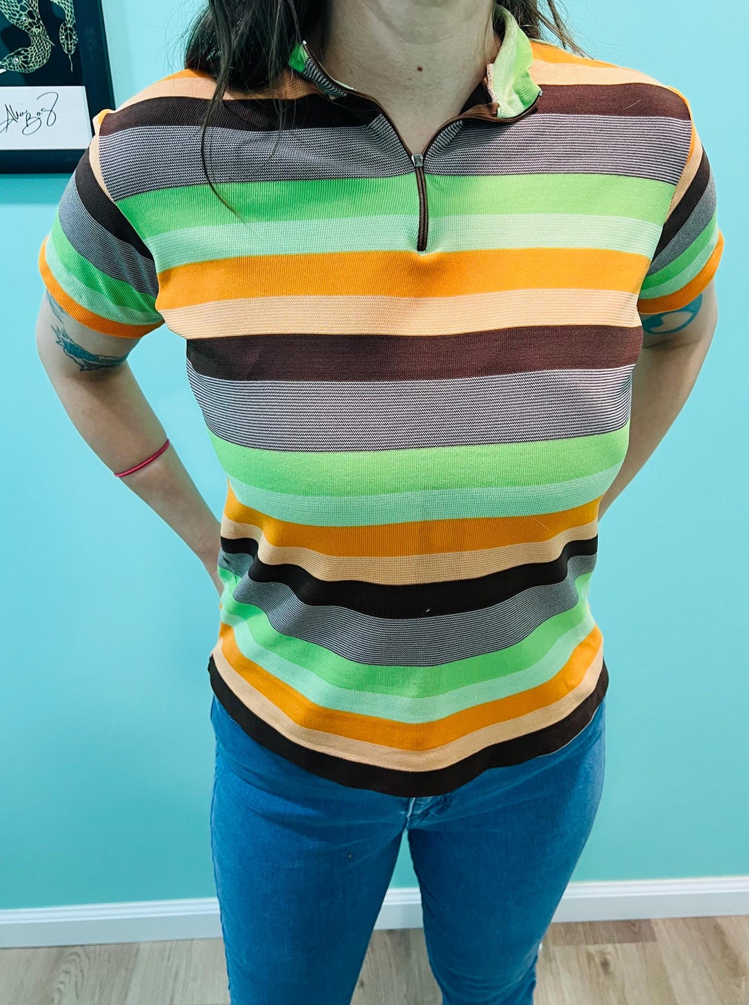 Vtg Striped 70s Zip Front Top - Etsy