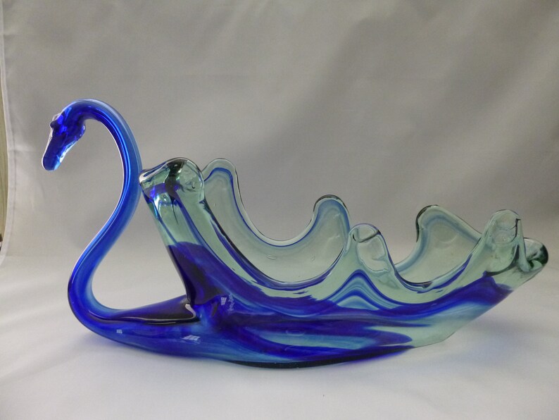 Vintage Hand Blown Cobalt Blue and Clear Sooner Glass Swan Candy Dish ...