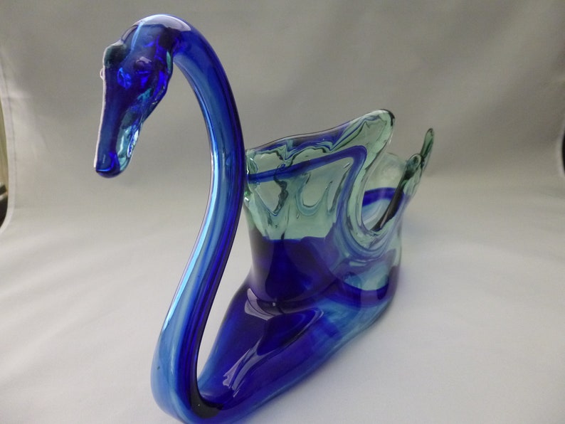 Vintage Hand Blown Cobalt Blue and Clear Sooner Glass Swan Candy Dish ...