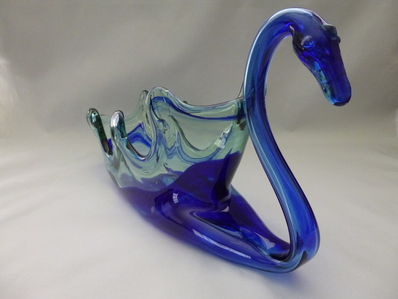 Vintage Hand Blown Cobalt Blue and Clear Sooner Glass Swan Candy Dish ...