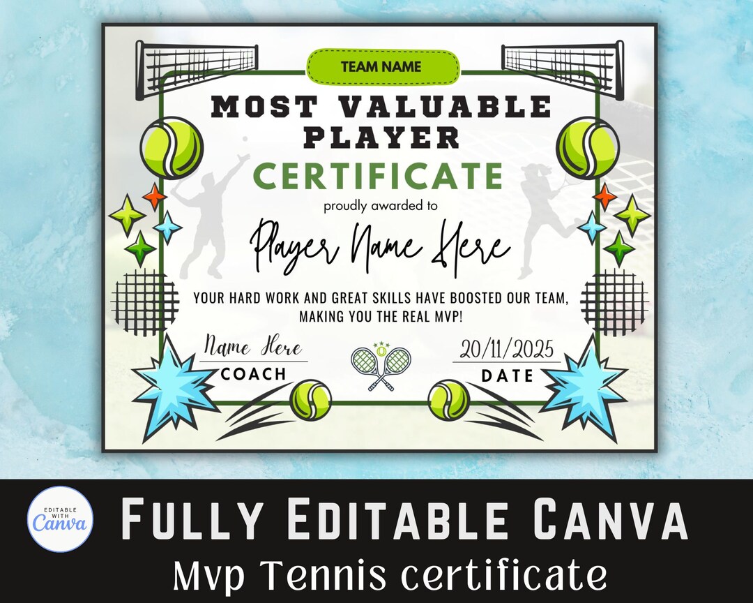 Most Valuable Player Tennis Award, Canva Template, Editable Tennis ...