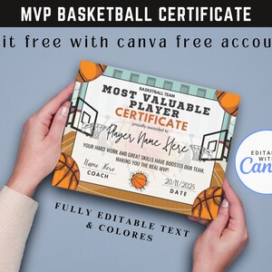 Most Valuable Player Basketball Award, Editable Basketball Certificate ...