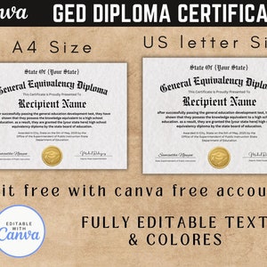 GED Diploma Certificate With Seal, Canva Template, Certificate ...