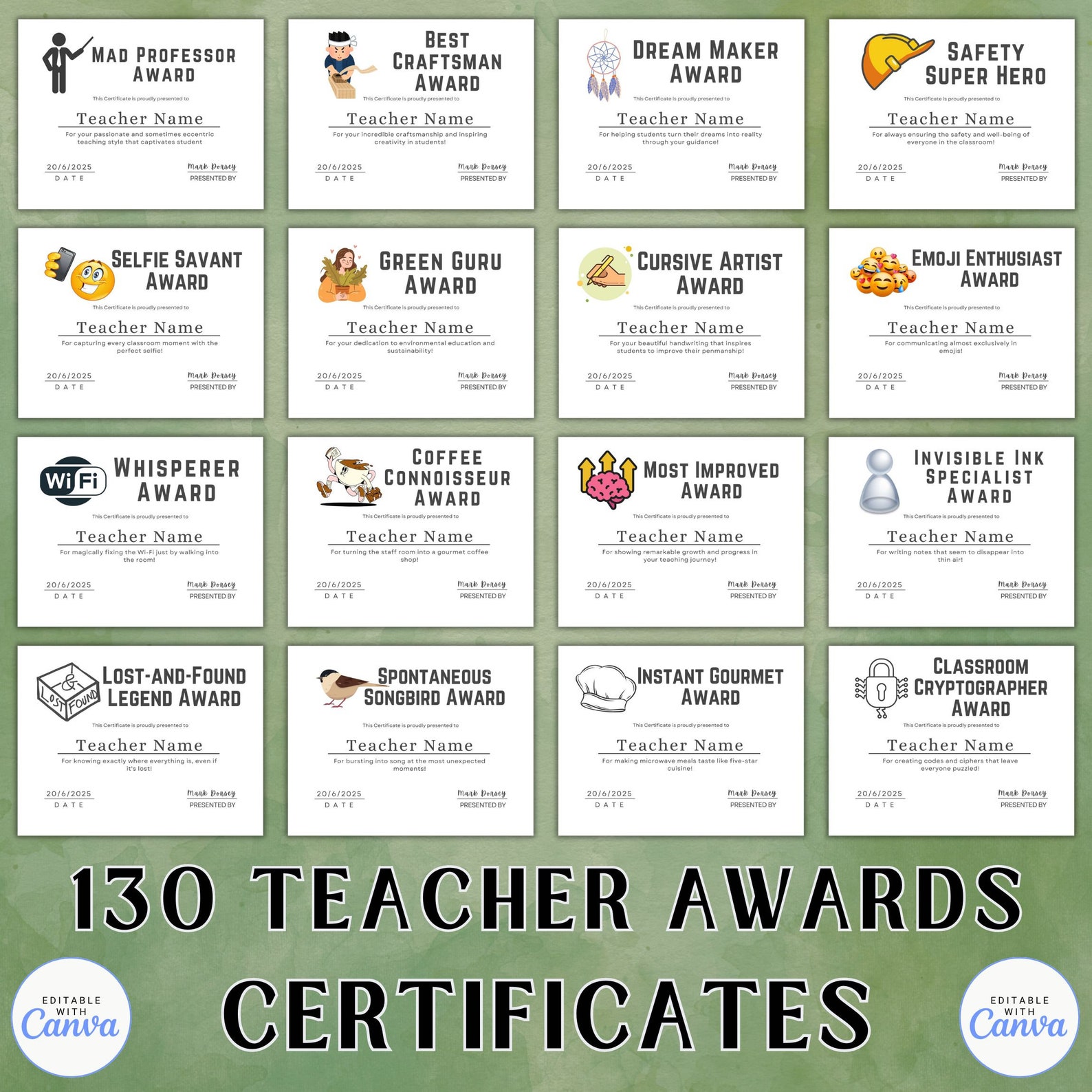 130 Funny Editable Teacher Awards Certificates, Canva Template, Funny ...