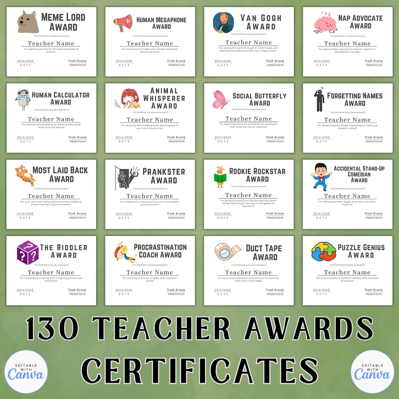 130 Funny Editable Teacher Awards Certificates, Canva Template, Funny ...