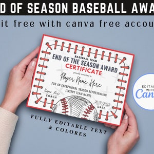End of Season Baseball Award, Editable Baseball Award Certificates ...