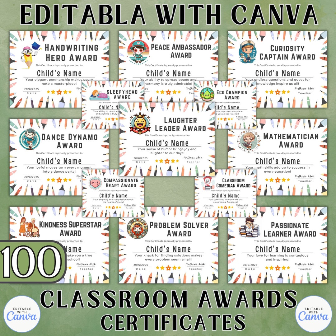 100 Funny Editable Classroom Awards Certificates, Canva Template ...