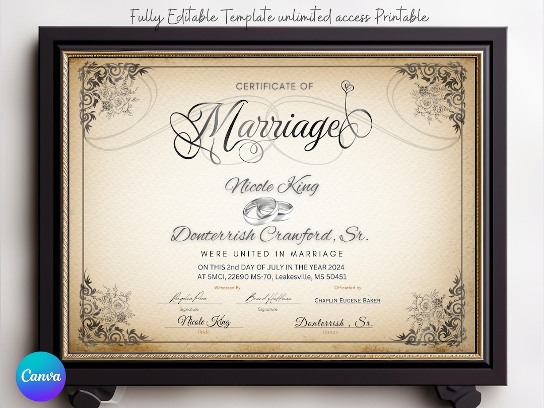 Editable Modern Marriage Certificate Editable Canva Template, Printable ...