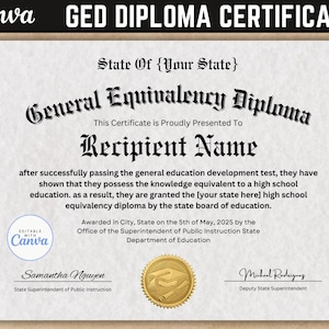 GED Diploma Certificate With Seal, Canva Template, Certificate ...