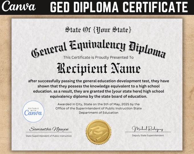 GED Diploma Certificate With Seal, Canva Template, Certificate ...