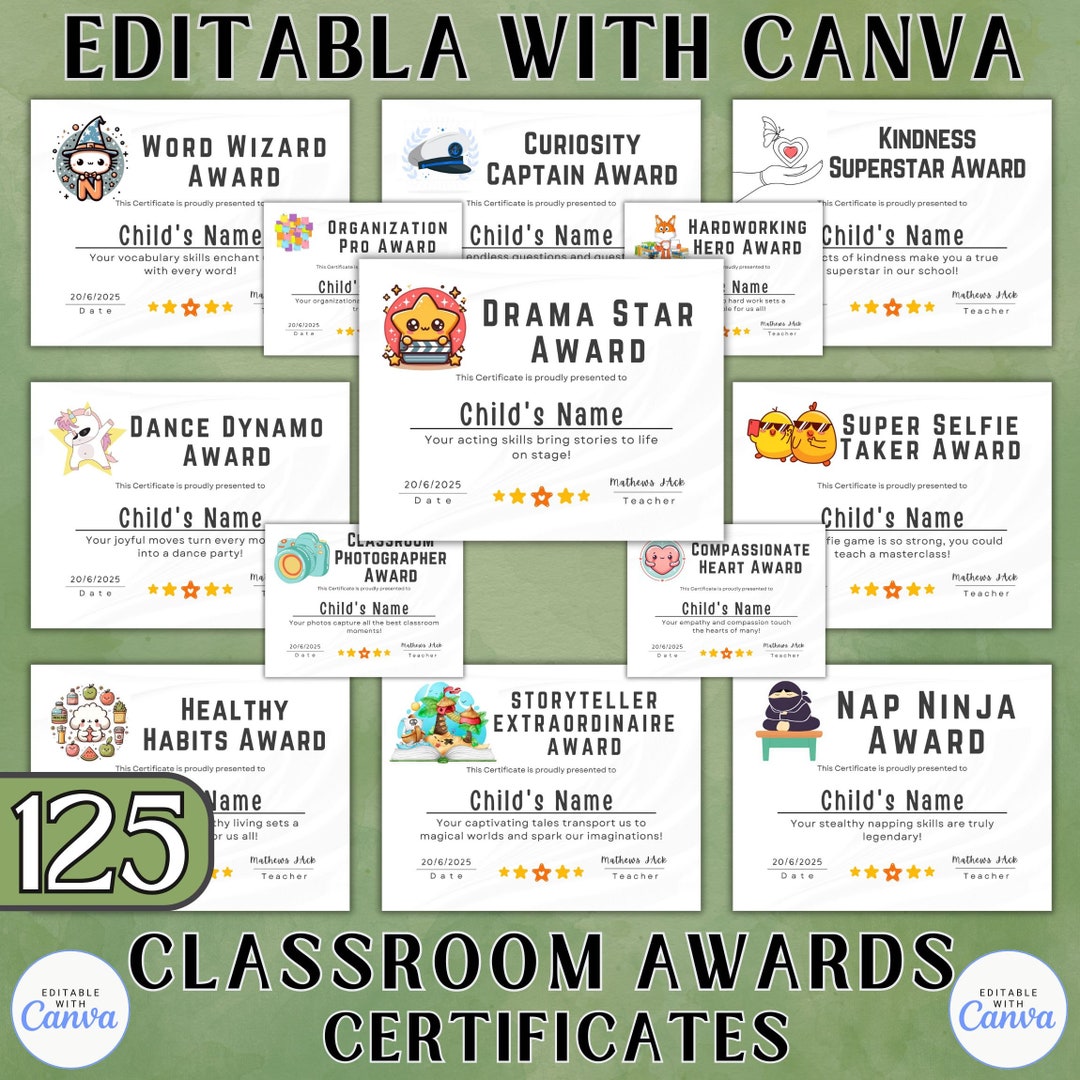 125 Funny Editable Classroom Awards Certificates, Canva Template ...