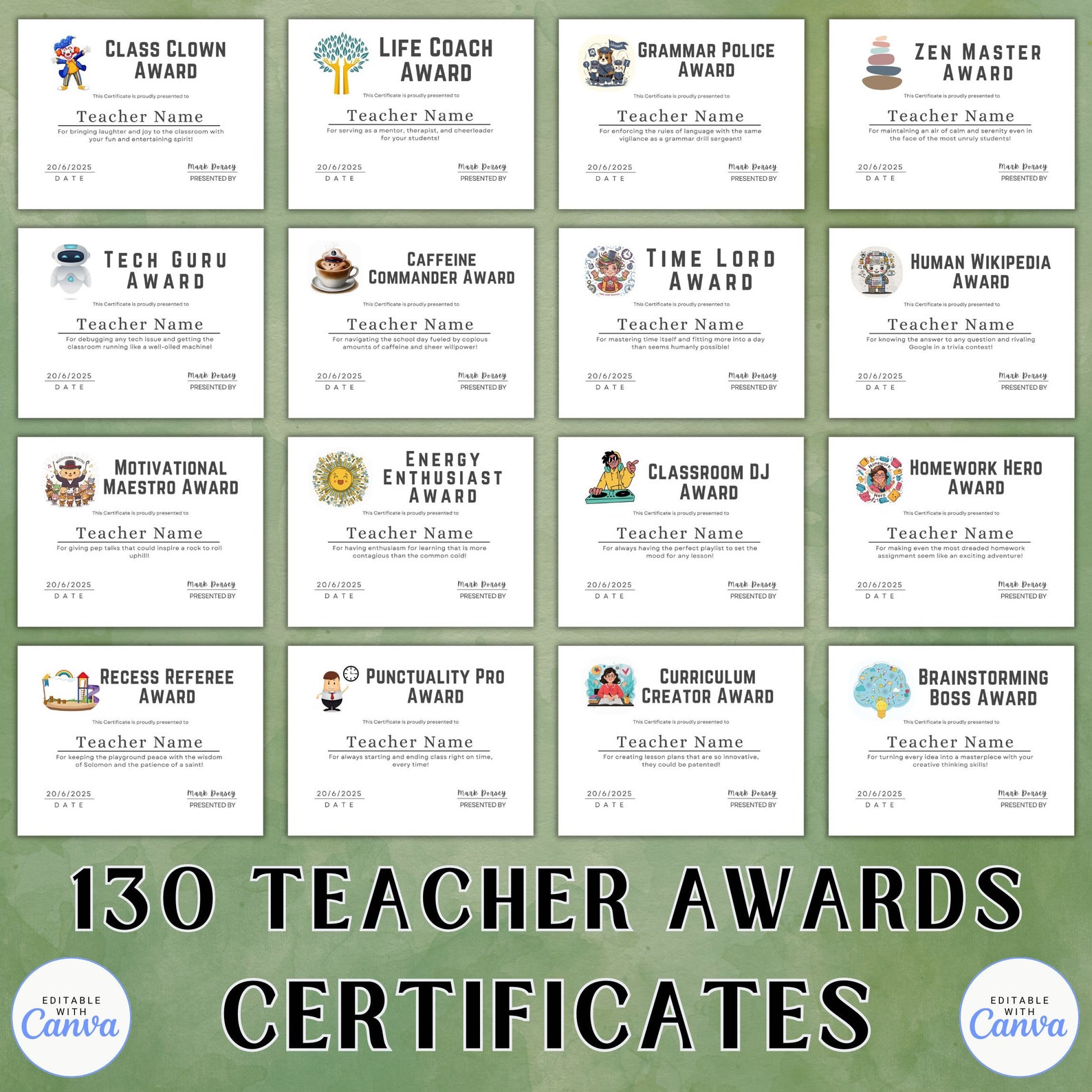 130 Funny Editable Teacher Awards Certificates, Canva Template, Funny ...