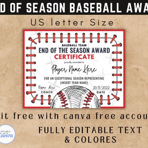 End of Season Baseball Award, Editable Baseball Award Certificates ...
