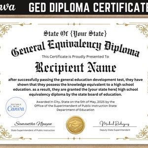 GED Diploma Certificate With Gold Seal, Canva Template, Graduation ...