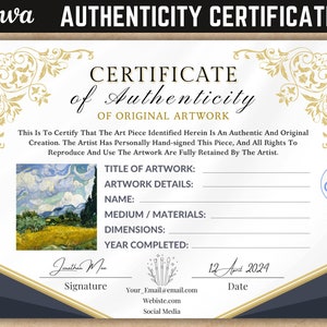 Canva Certificate of Authenticity, Authenticity Template, Artist ...