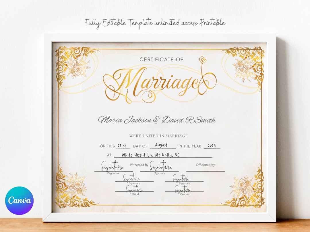 Editable Modern Marriage Certificate Editable Canva Template, Printable ...