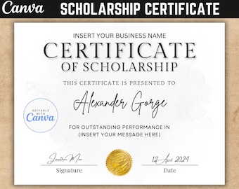 Scholarship Award Certificate Template, Canva Template, Editable ...