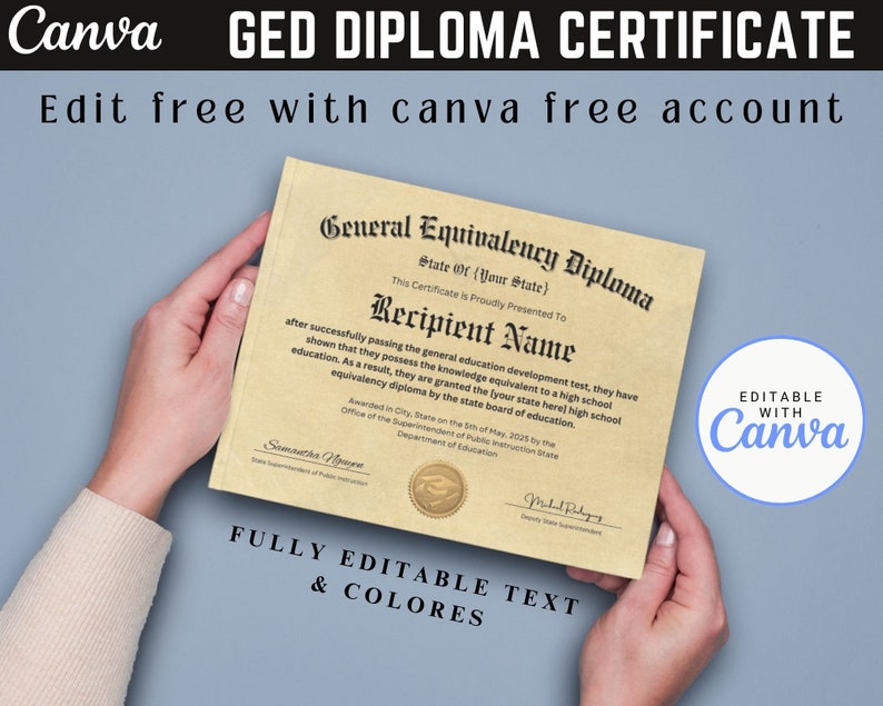 Editable GED Diploma Certificate, Canva Template, Graduation Diploma, Diploma Certificate ...