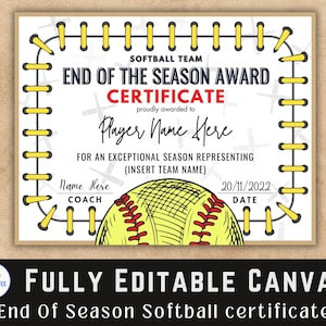 End of Season Softball Award, Editable Softball Award Certificates ...