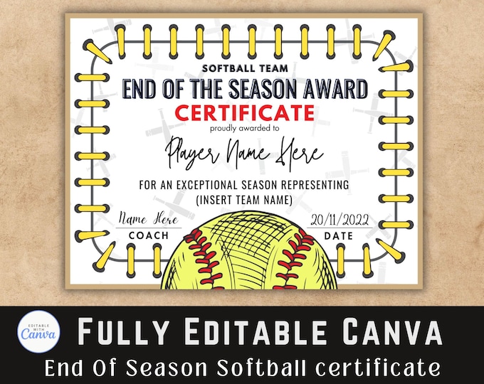 End of Season Softball Award, Editable Softball Award Certificates ...