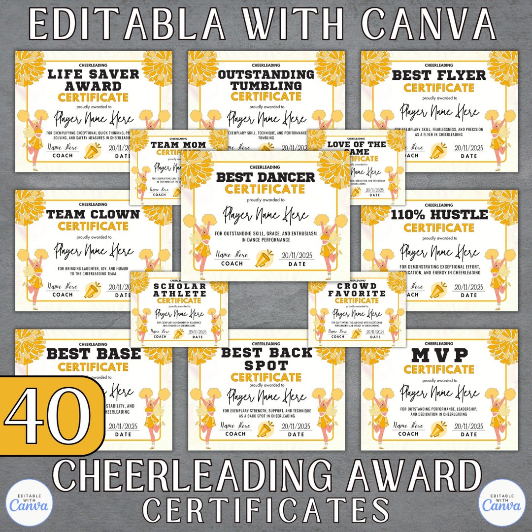 40 Editable Cheerleading Award Certificates, Canva Template, End of ...