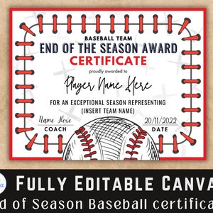 End of Season Baseball Award, Editable Baseball Award Certificates ...
