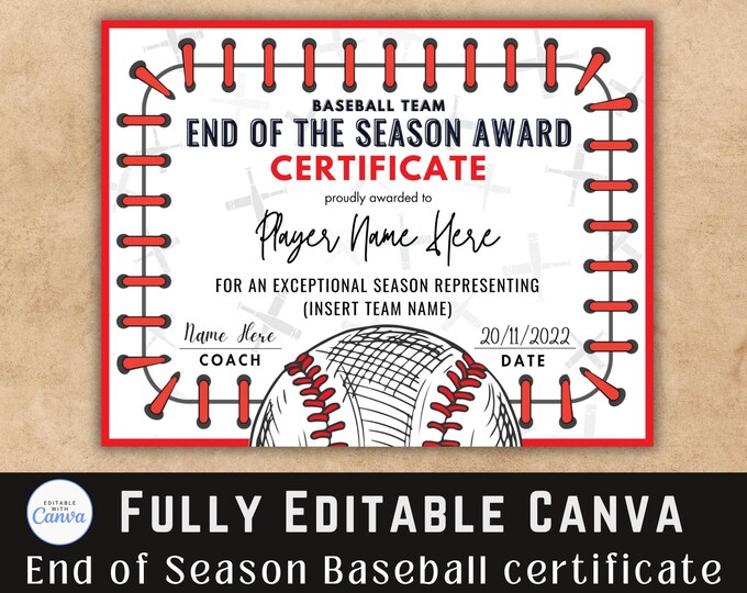 End of Season Baseball Award, Editable Baseball Award Certificates ...