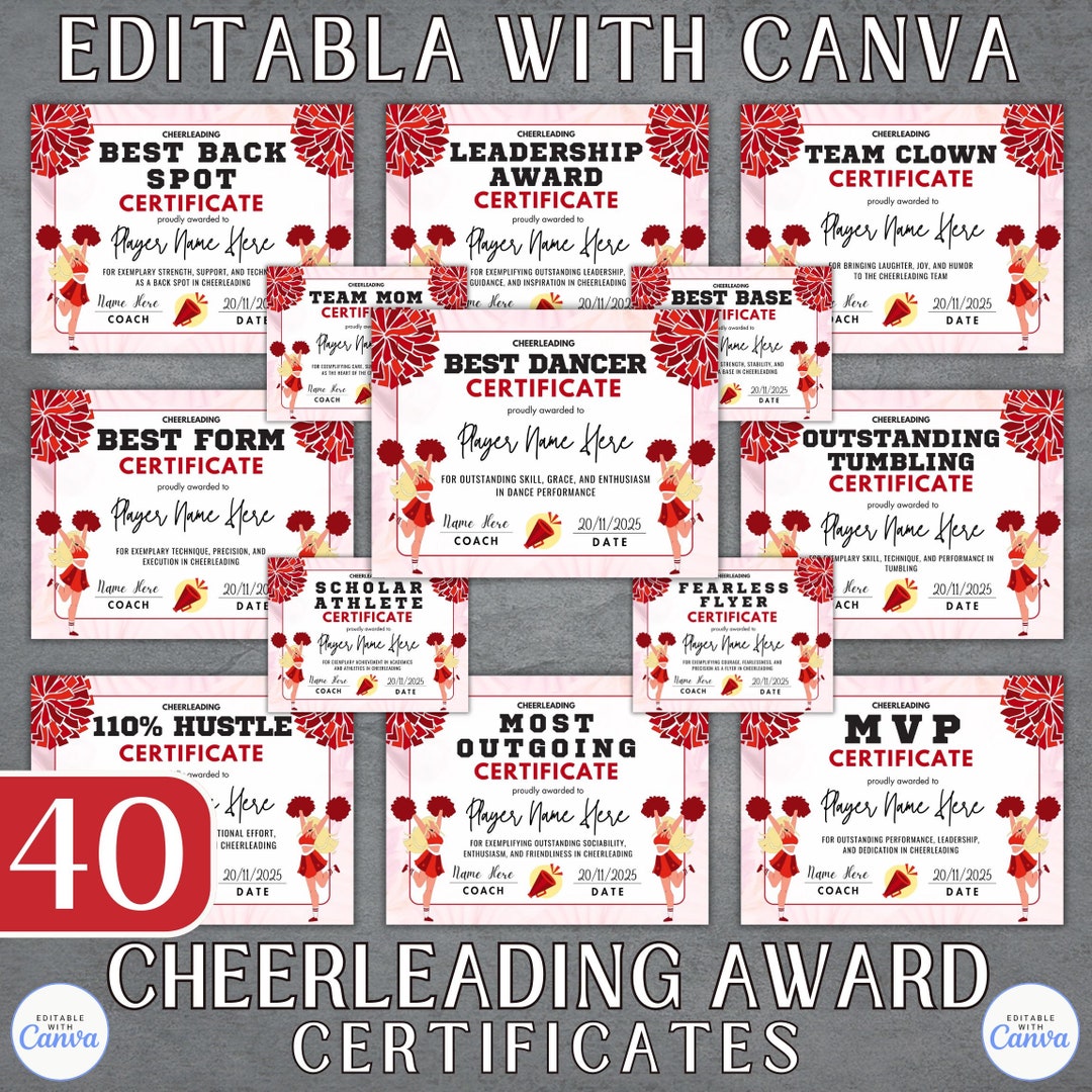 Canva Cheerleading Award Certificates, Cheerleading Team Party, Canva ...