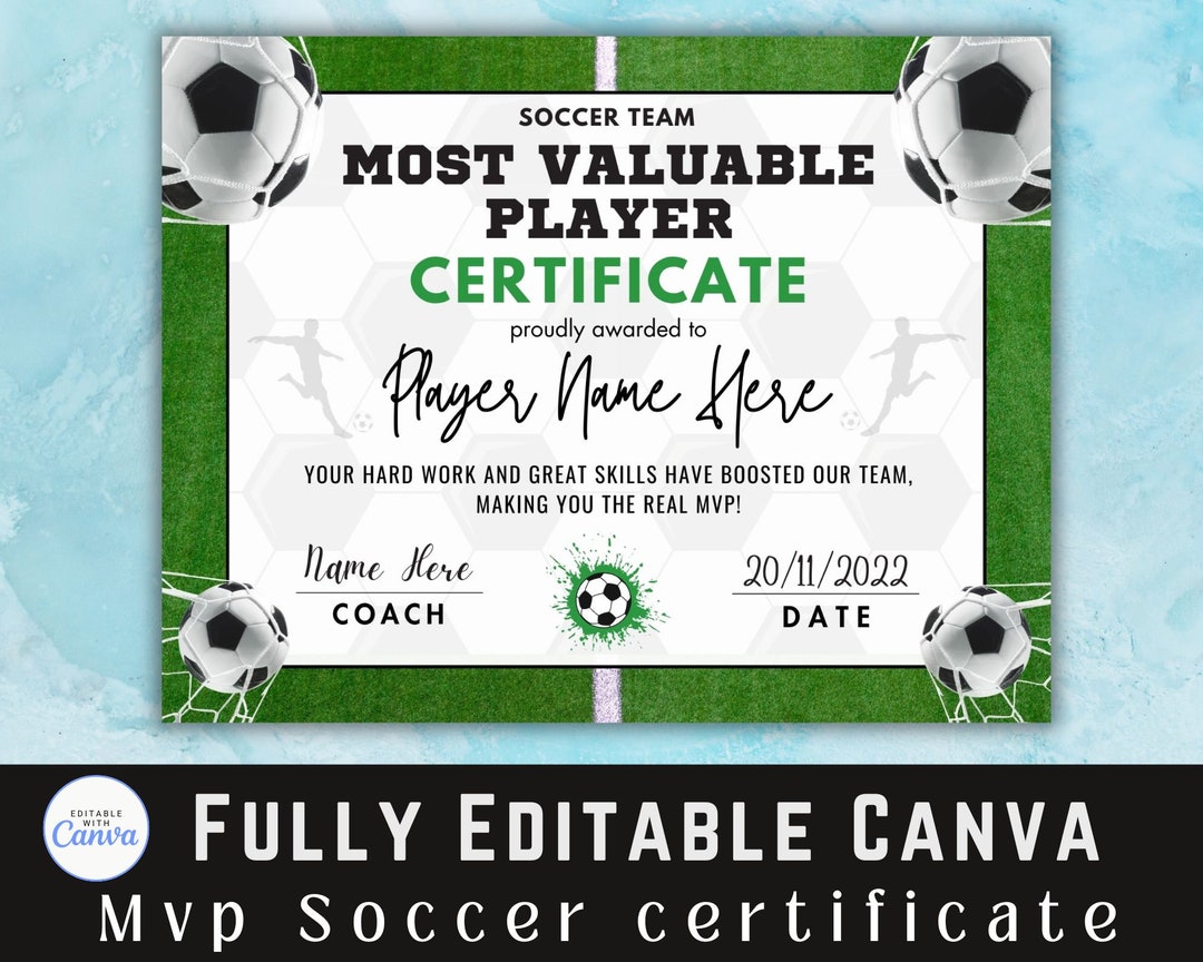 Most Valuable Player Soccer Award, Editable Football Award Certificates ...