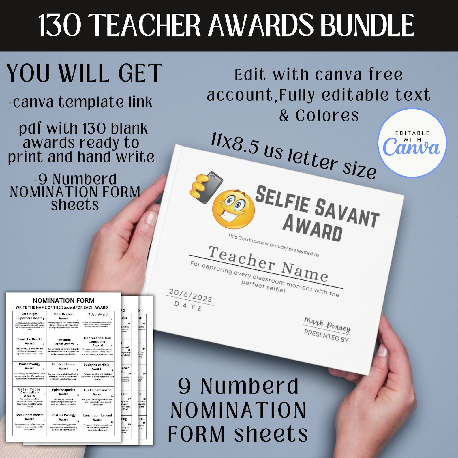 130 Funny Editable Teacher Awards Certificates, Canva Template, Funny ...