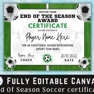End of Season Soccer Award, Editable Football Award Certificates, Canva ...