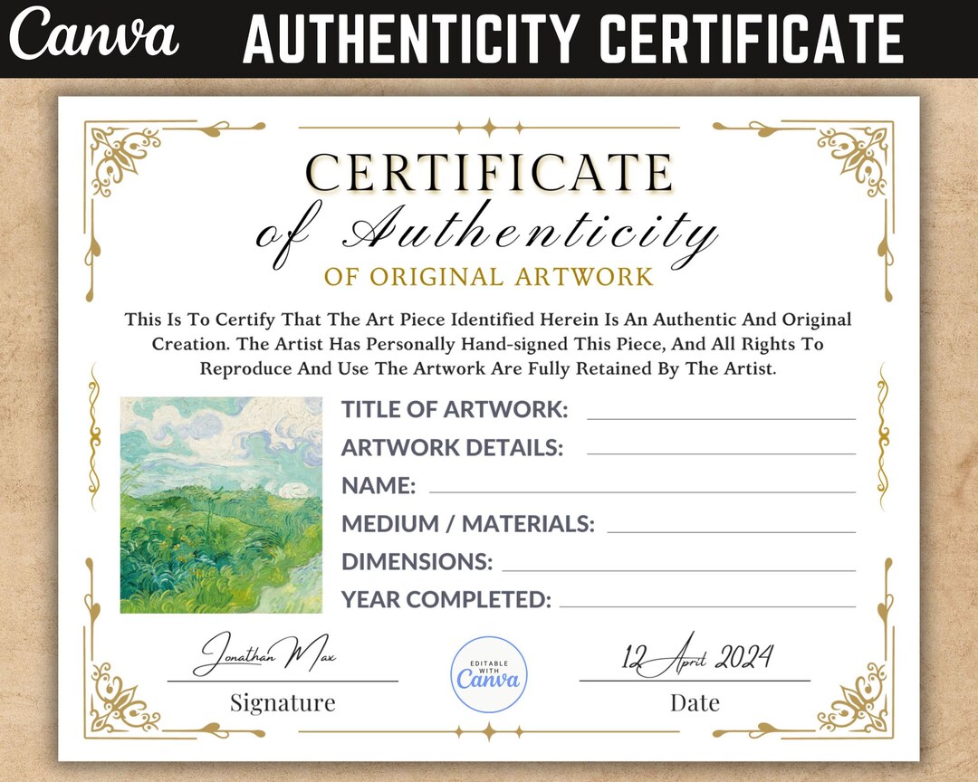 Editable Certificate of Authenticity for Artwork, Canva Template ...