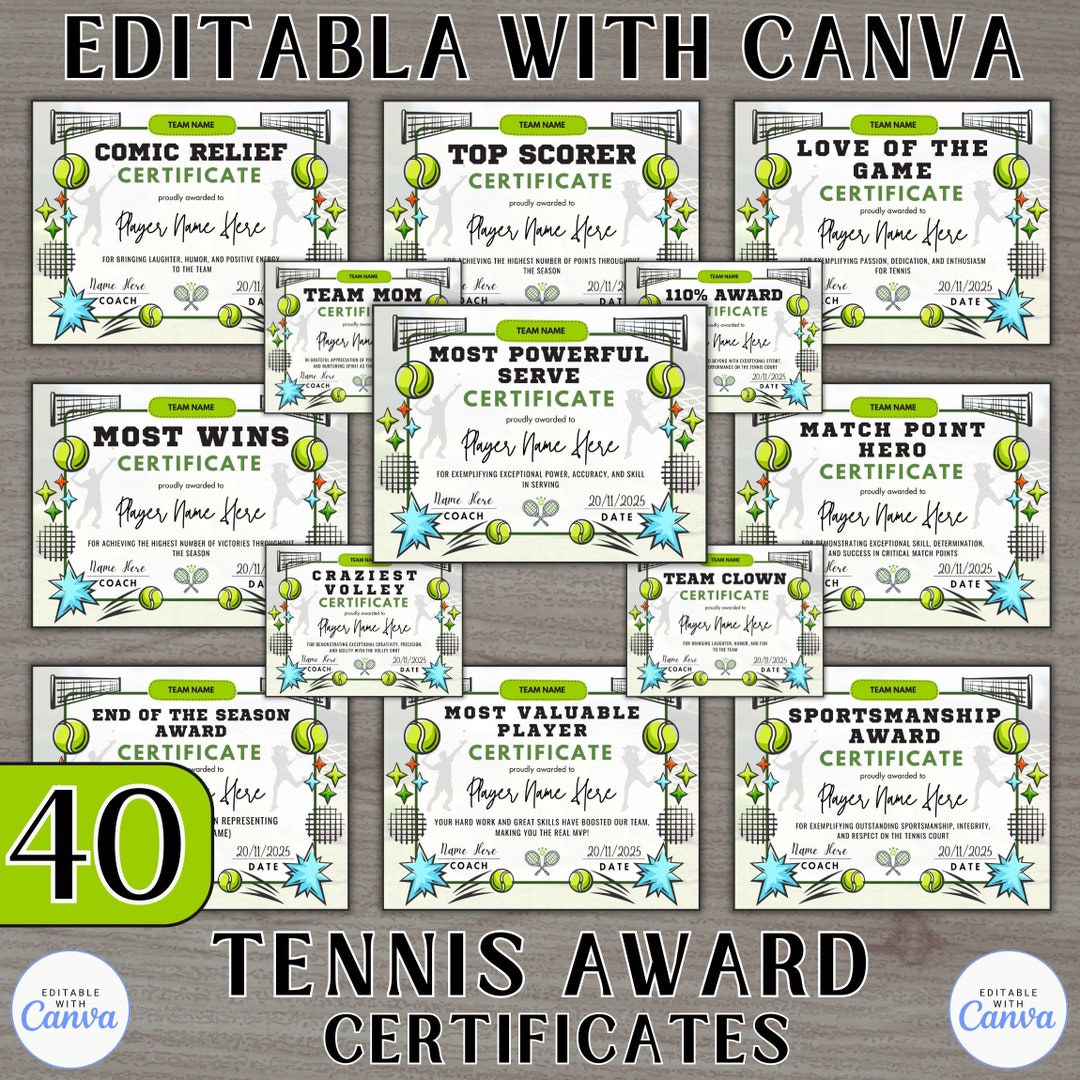 40 Editable Tennis Award Certificates, Canva Template, Tennis Team ...