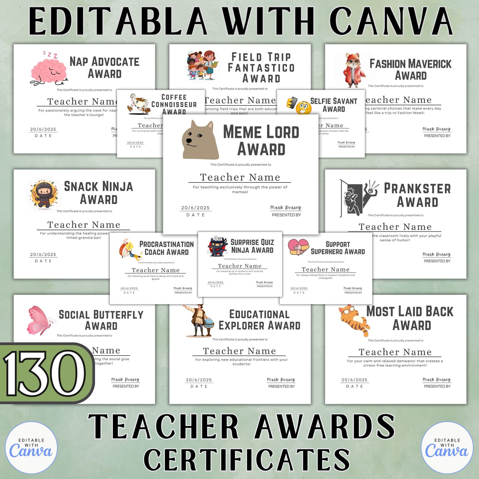 130 Funny Editable Teacher Awards Certificates, Canva Template, Funny ...