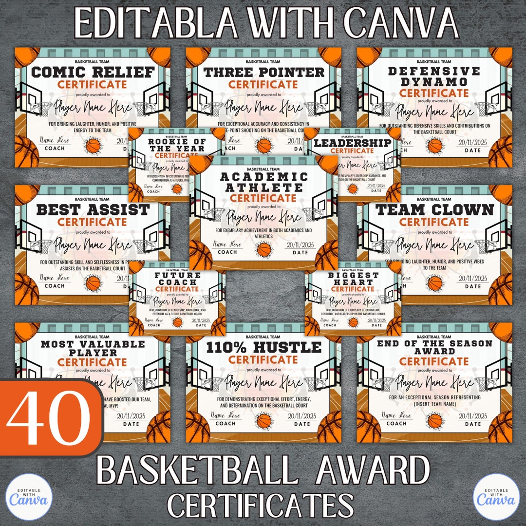 40 Editable Basketball Certificates, Basketball Team Party, Canva ...
