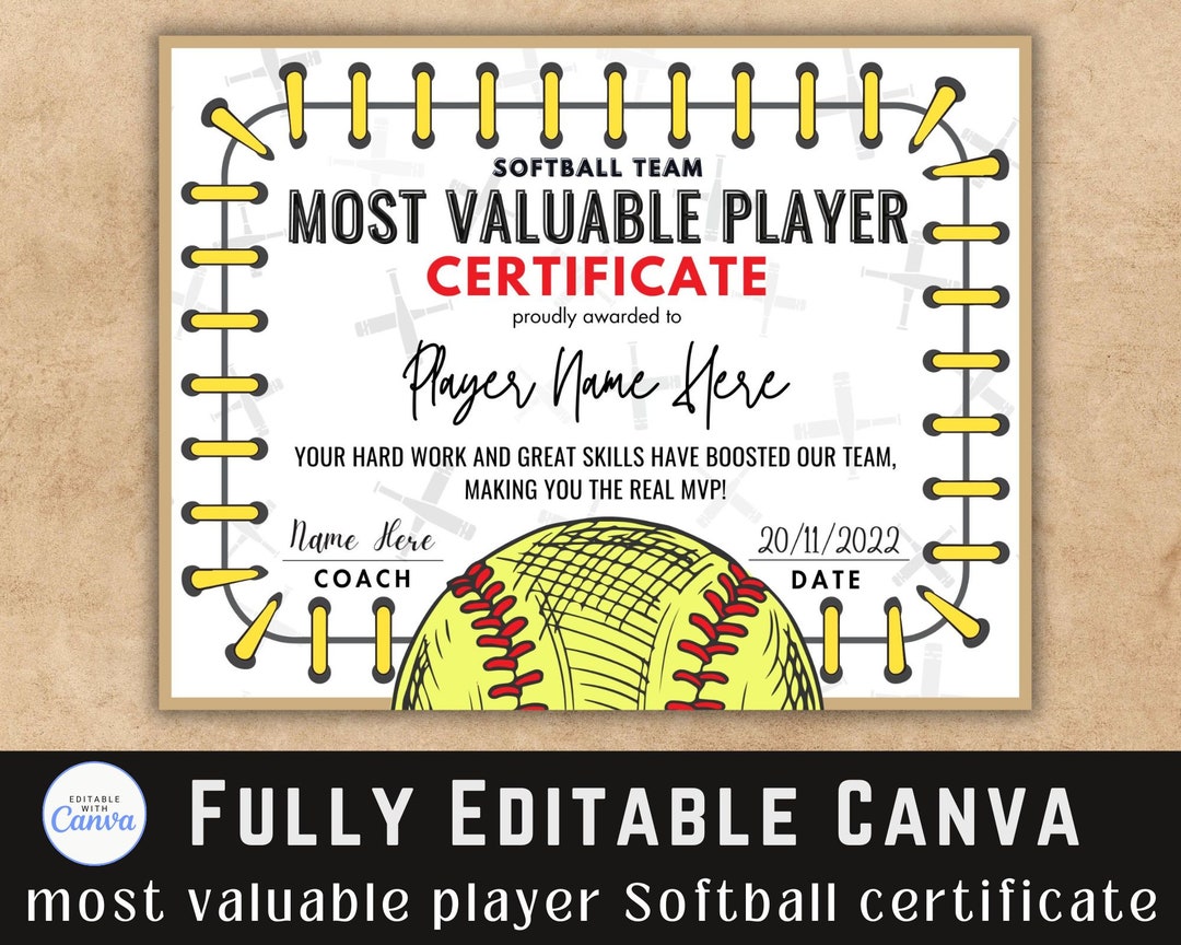 Most Valuable Player Softball Award, Editable Softball Award ...