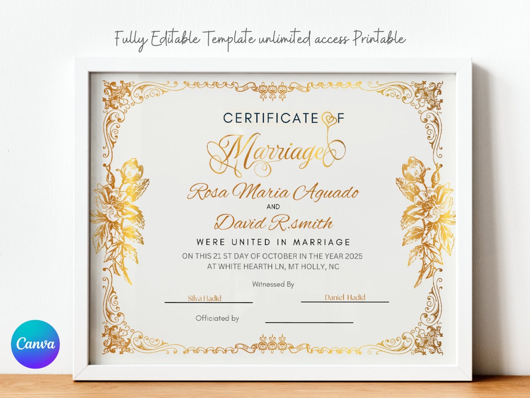 Editable Modern Marriage Certificate Editable Canva Template, Printable ...