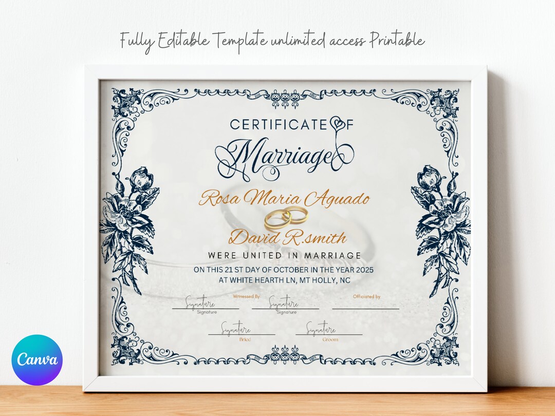 Editable Modern Marriage Certificate Editable Canva Template, Printable ...