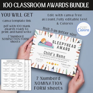 100 Funny Editable Classroom Awards Certificates, Canva Template ...