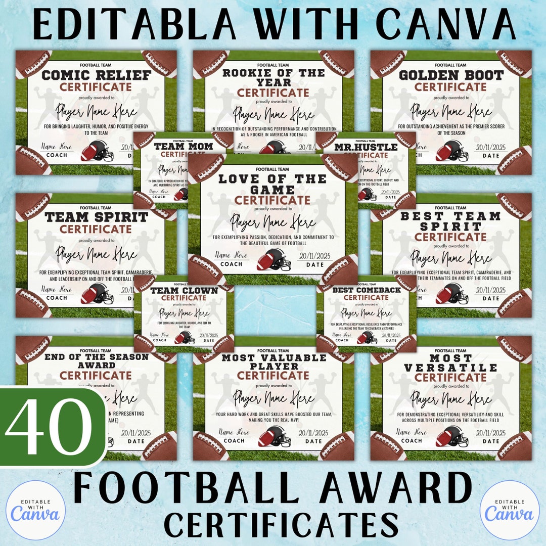 40 Editable American Football Certificates, Canva Template, Award ...